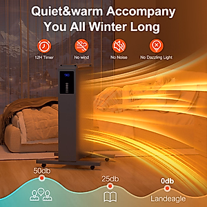 Landeagle Radiator Space Heater with Thermostat, 360° surround heating, Portable Heater with Remote Control, 1500W Electric Heater with Tip-over & Overheat Protection, 12H Timer for Indoor Use (Grey)