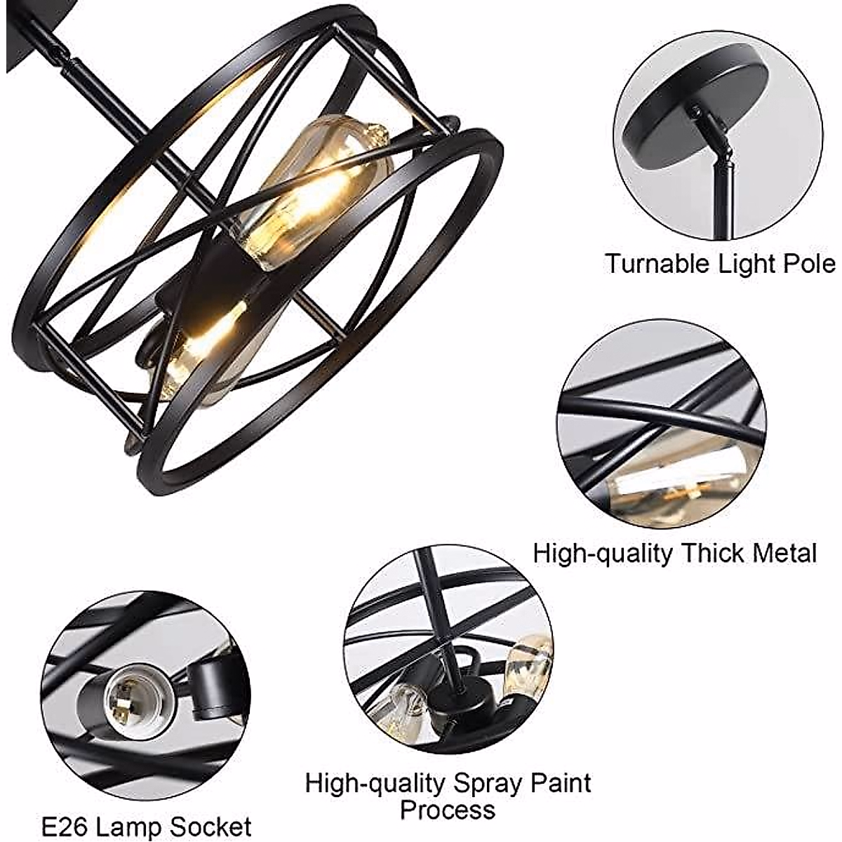 ZTGJMN 2-Light Semi Flush Mount Ceiling Light, 12-inch Industrial Modern Farmhouse Lighting Fixture with Metal Cage, Black Retro Ceiling Lampfor Hallway, Bedroom, Kitchen, Entrance