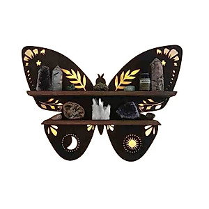 Luna Moth Crystal Shelf Display Rustic Wooden Moon Shelves Moth Heart Crystal Holder Shelves Wooden Floating Light Shelf for Rock Gemstones Meditation(black Luna moth)