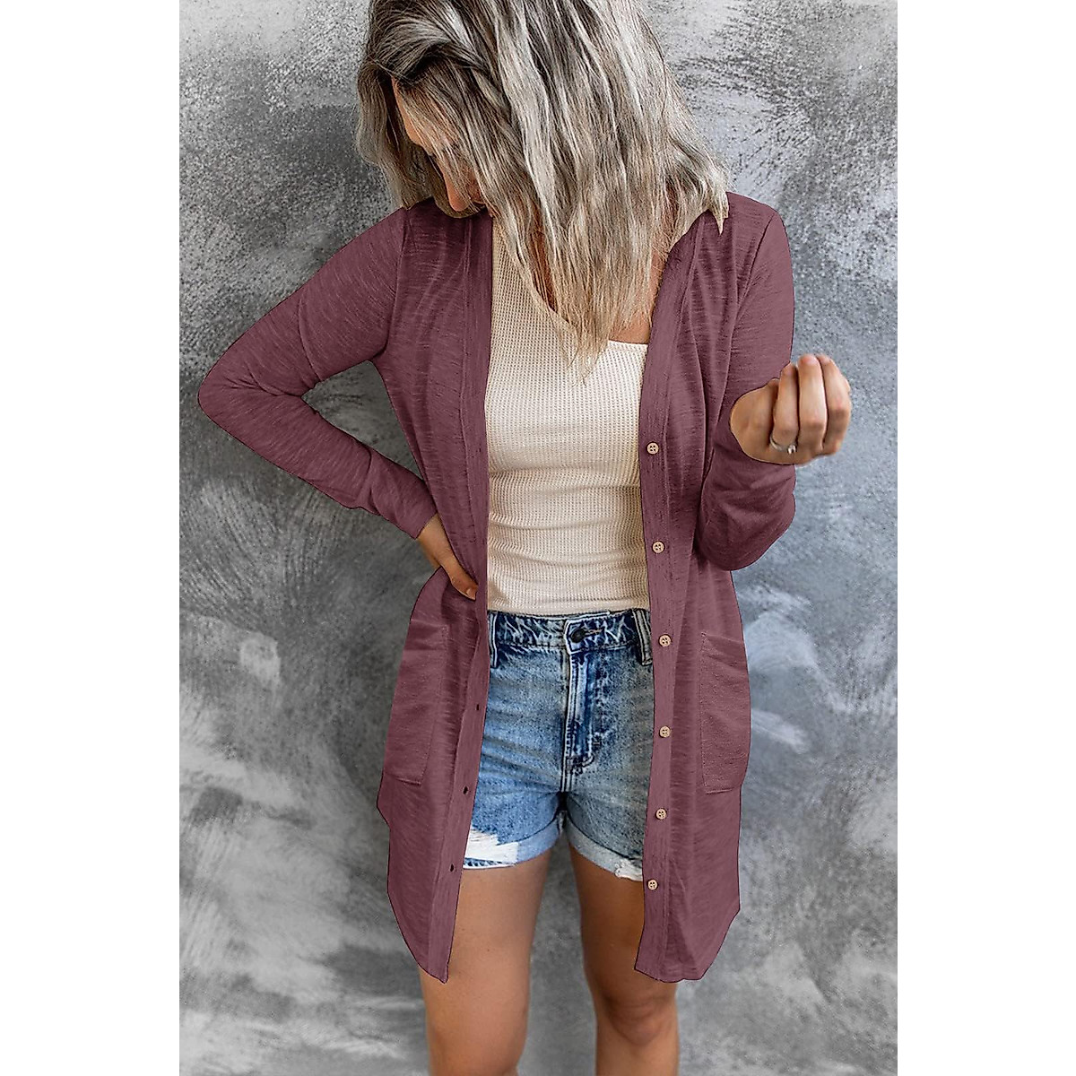 MEROKEETY Women's Open Front Lightweight Cardigan Long Sleeve Button Down Loose Outwear, Maroon, S