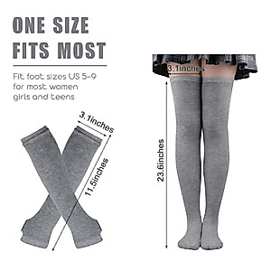 Barrlves 4 Sets Womens Striped Knee High Socks Long Knit Arm Warmers Fingerless Gloves for Halloween Costume (4sets Solid Black+White+DeepGrey+Grey)