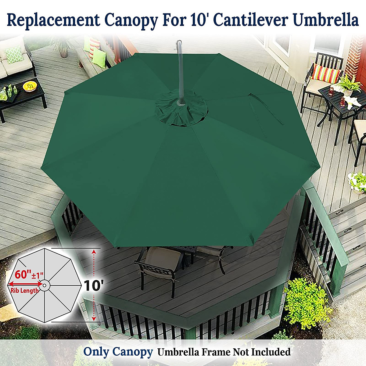 Benefit-USA Replacement Umbrella Canopy for 10ft 8 ribs cantilever hang patio umbrella (Canopy Only) (Green)