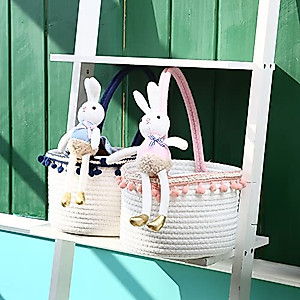 Sea Team Small Cotton Rope Storage Basket, Easter Bunny Tote Bag for Eggs, Portable Basket, Candy Bag, Caddy for Kids, Easter Days, Holidays, Pink Lace