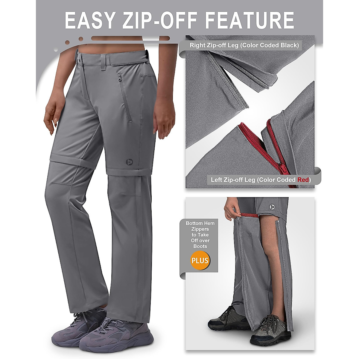 Outdoor Ventures Women's Convertible Pants, Quick Dry Hiking Zip-Off Pants, Stretch Lightweight Cargo Pants Grey