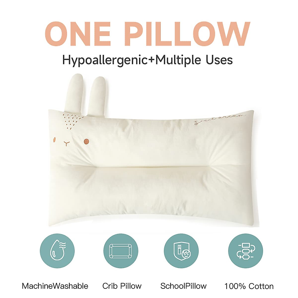 Choc chick Toddler Pillow,20X12inches Machine Washable 100% Cotton Pillowcase Soft Hypoallergenic Kids Pillows,Child Cute Animal Perfect Toddler Pillows for Sleeping 2 Years Old (Rabbit)