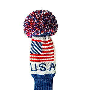 Scott Edward Knit Golf Club Cover with a Pom Set of 5 Head Covers Protect Driver Wood(460cc) 1 Fairway Wood2 and Hybrid/UT2 with Rotating Club Number Tags (USA Flag)