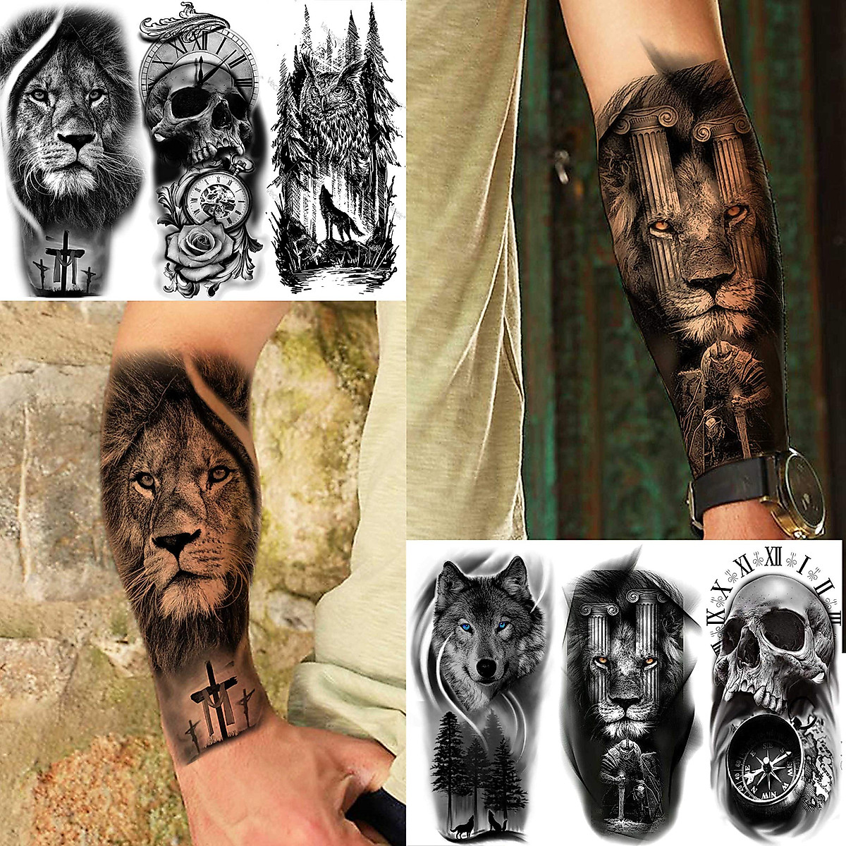 FANRUI 22 Sheets Realistic Black Animals Temporary Tattoos For Women Men Half Arm Sleeve, 3D Large Tribal Tiger Lion Death Skull Fake Tattoo Stickers Halloween, Flower Compass Wolf Owl Tatoos Anchor