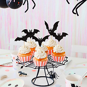 24 PCS Halloween Bat Cupcake Toppers Black Glitter Bat Halloween Cupcake Picks for Halloween Theme Baby Shower Kids Birthday Party Cake Decorations Supplies
