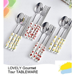 SENIDIKE Silverware Set, Ceramic Handle Dinnerware Set Flatware Kitchen Accessories Camping Travel Sets Fork Spoon Portable Cutlery Sets with Case, Lemon Strawberry Watermelon Pineapple Fruit series