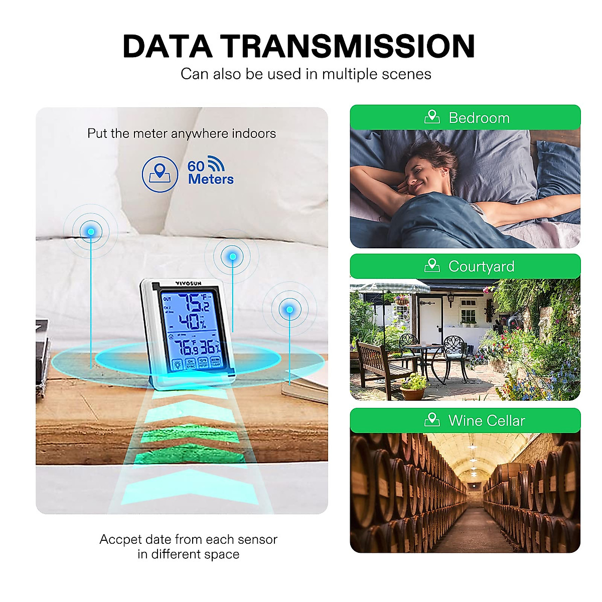 VIVOSUN Indoor Outdoor Thermometer Wireless Digital Hygrometer Temperature and Humidity Monitor with Touchscreen LCD Backlight, 200ft/60m Range, Battery Included