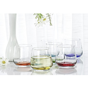 Red Co. Set of 6 Stemless 11.75 Oz Short Wine Drinking Glass Tumblers with Rainbow Colored Bottoms