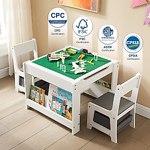 GABHX Kids Table and Chair Set, 4 in 1 Wooden Activity Table with Bookshelves and Storage Drawer, 2 in 1 Detachable Tabletop Construction Play Table Set for Drawing, Reading, Build Blocks