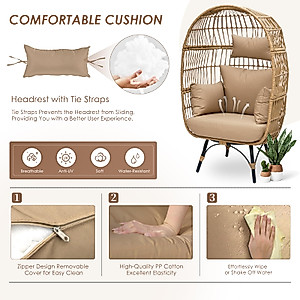RADIATA Oversized Wicker Egg Chair w/ 5 Cushions 440lb Capacity Lounge Basket with Strong Heavy-Duty Steel Frame for Indoor Outdoor Patio Backyard Living Room (Beige)