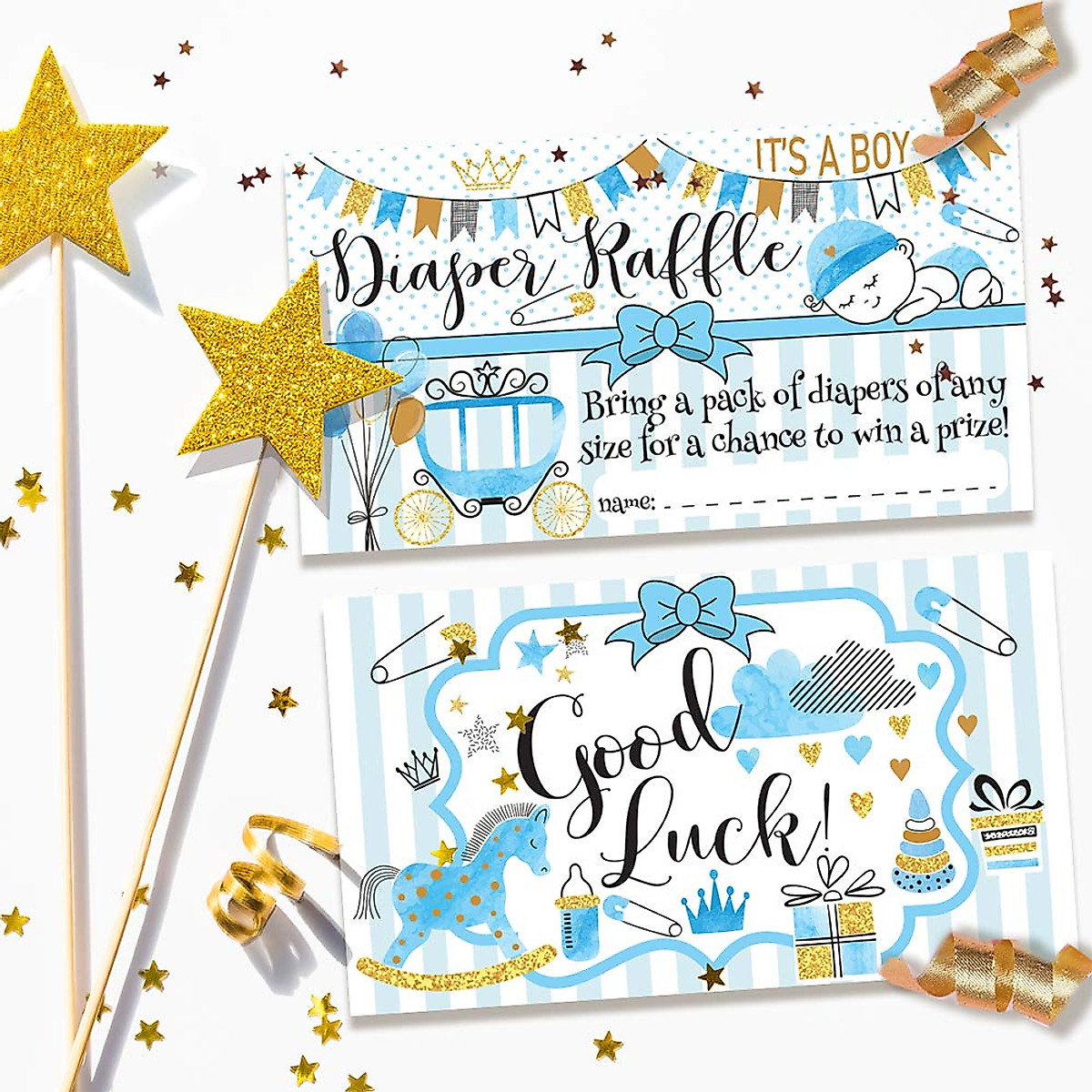 Diaper Raffle Tickets - It's A Boy - Set of 50 Double-Sided Raffle Cards - Blank Baby Shower Stationery - Fun and Colorful Baby Shower Supplies for Under $15!