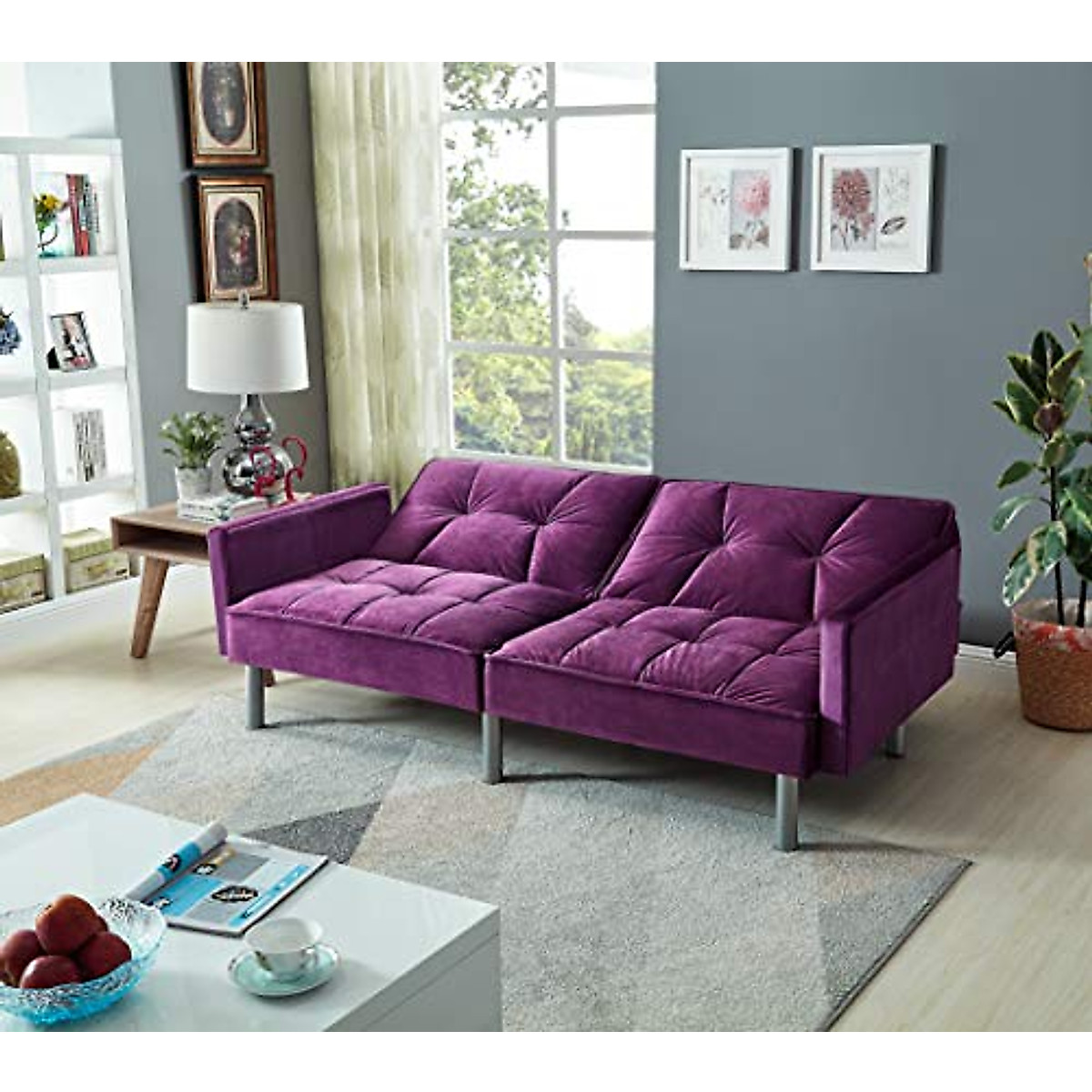 Legend Vansen Velvet Sleeper Loveseat with Pillow Twin Size Contemporary Sofas for Living Room and Bedroom Sofabed, 75.5'', Purple