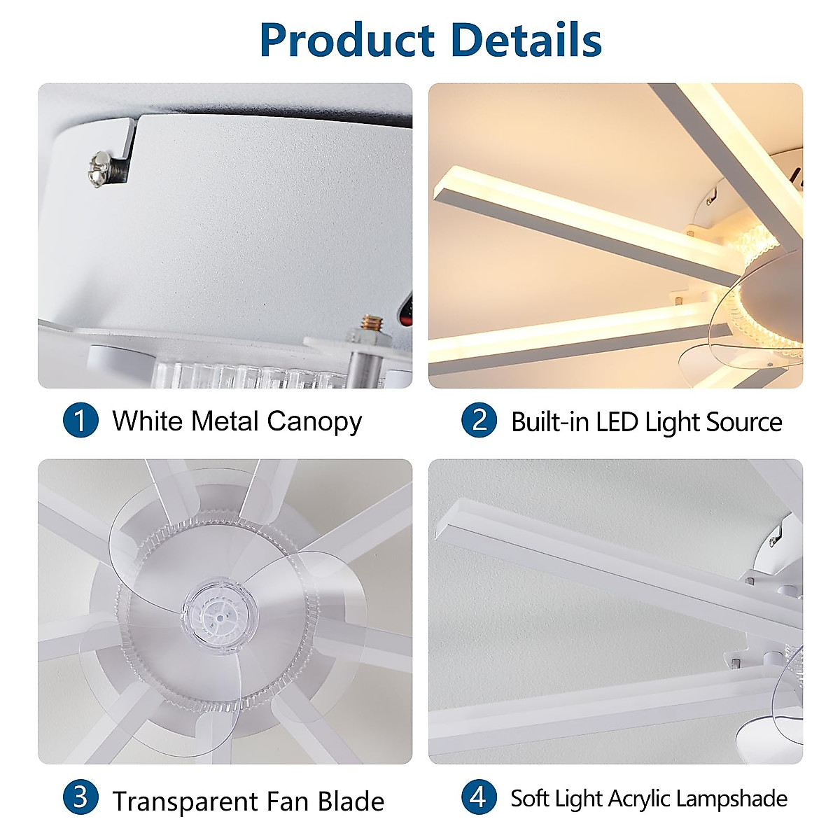 HuixuTe 27" Geometric Ceiling Fan with Lights, 3 Colors 6 Speeds Personalized Ceiling Fan with Light Remote Control, White Low Profile Ceiling Fan with Light for Kitchen Bedroom