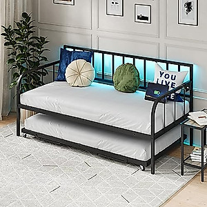 CollaredEagle Daybed with Trundle, Adjustable Sofa Bed Frame with Charging Station, Metal Twin Daybed with LED Lights for Living Room, Bedroom and Guest Room, Black