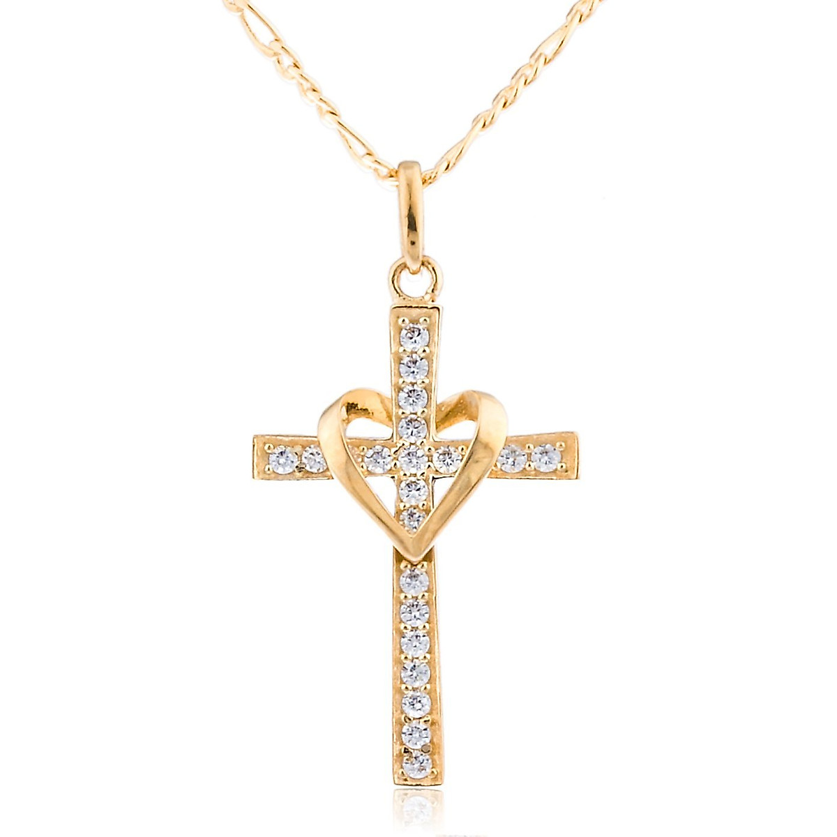 10k Yellow Gold, Rose Gold and White Gold Heart & Cross Pendant with an 16, 18, 20 and 22 Inch Gold Overlay Figaro Necklace (18 Inch, Yellow Gold)