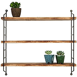 MyGift 23-Inch Modern Floating Shelves Industrial Metal and Rustic Burnt Brown Wood Adjustable Wall Mounted 3-Tier Display Shelf Unit Rack