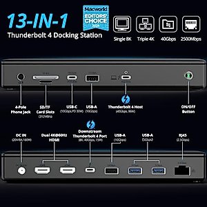 WAVLINK Thunderbolt 4 Hub with Dual HDMI 4K@60Hz,100W Charging, Thunderbolt Certified, 13-in-1 Thunderbolt 4 Dock Dual Monitor Single 8K Output for Windows or Mac, 4X USB, 2.5G Ethernet,SD/MicroSD