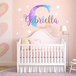 Girls Nursery Shimmer Rainbow Printed Initial and Stars Custom Personalized Name and Initial Kids Vinyl Wall Decal, Wall Sticker Decor for Babies (Multi-Size Choices). (Shimmer Rainbow)