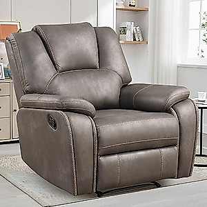 ANJ Manual Recliner Chair with Padded Headrest and Armrest, Overstuffed Reclining Chairs Comfy Faux Leather Recliners Single Sofa for Living Room
