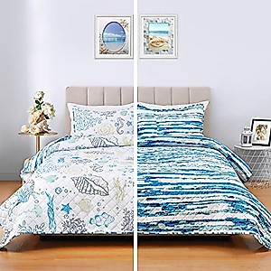 FRAMICS 3-Piece King Size Reversible Quilt Set Summer Quilt Lightweight Ocean Quilts Beach Bedspread Coverlet Blue Coral Conch Seashell Coastal Bedding for All Season(1 Quilt, 2 Pillow Shams)