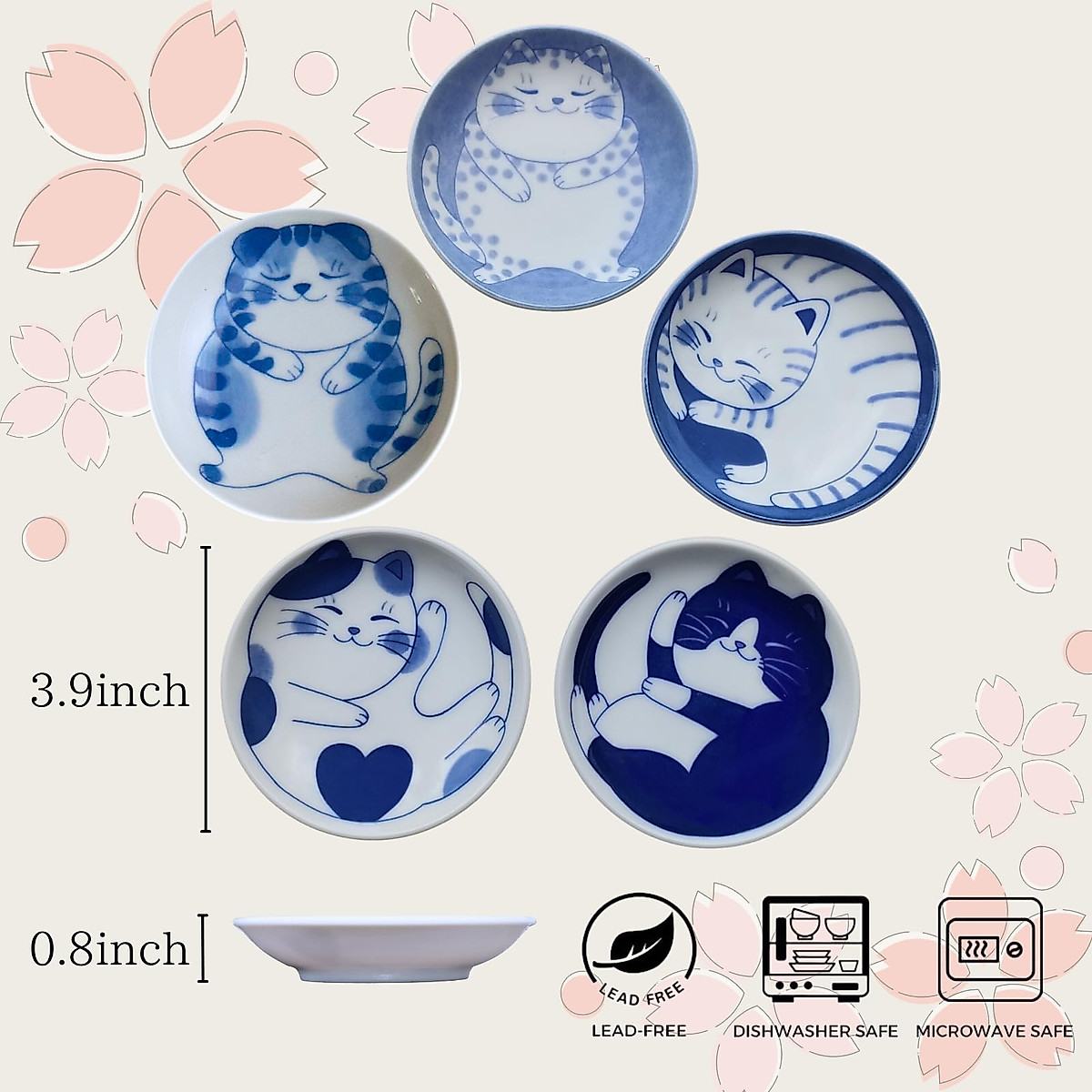 LOVE LOVE JAPAN: 5 Piece Set of Microwave & Dishwasher Safe Cat Design Small Plates - Perfect for Sushi & Desserts, Set of 5, Sprawled Cat