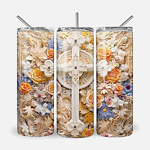 CERMELUS 3D Wrap Christian Cross 20oz Skinny Tumbler, Stainless Steel Double Wall Insulated Cup With Lid And Straw Multi, Bible Christian Tumbler, Gifts for Women, Men, Friends