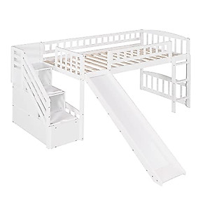 ODC Twin Size Loft Bed with 2 Drawers and Slide for Kids, Solid Wood Loft Bed Frame with Storage, Low Loft Bed with Slide, Ladder and Security Guardrail for Kids Girls Boys Teens