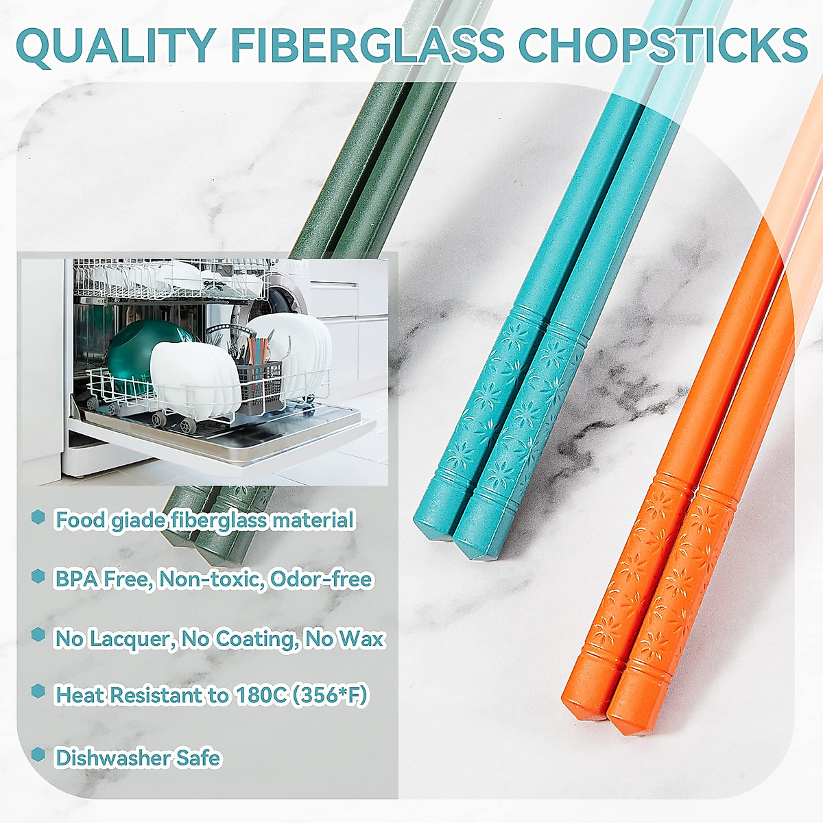 Chopsticks,LIANGKEN 5 Pairs Dishwasher Safe Fiberglass Chopsticks Set,9.5 Inch Reusable Japanese Chinese Chopsticks , Non-Slip, Easy to Use (colorful ) (9.5 inch, colorful)