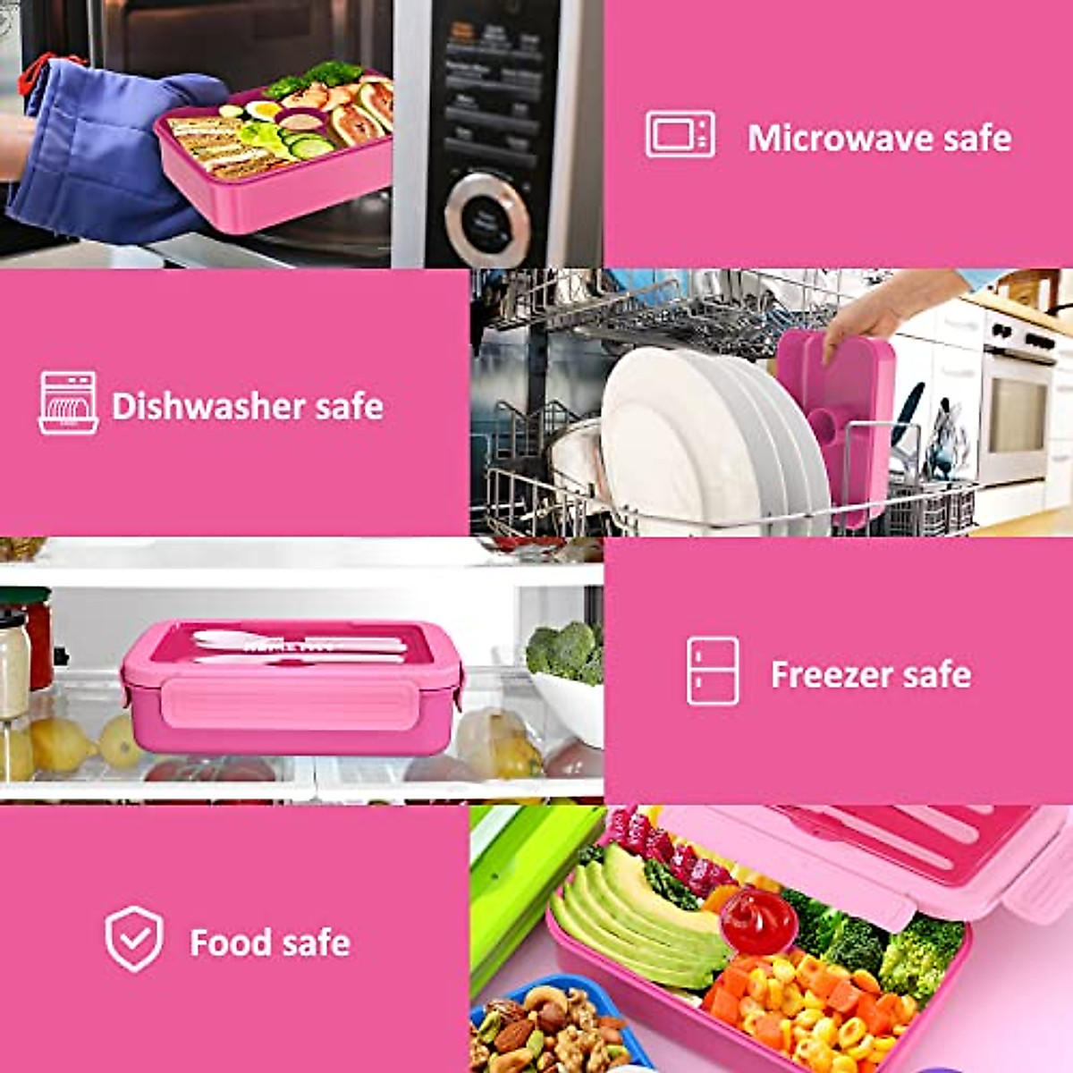Bento Lunch Box for Kids, 4 Compartment Lunch Boxes Kids, Cutlery Storage Built-in Utensil Set, Leak-proof, Thicken, Microwave/Dishwasher/Freezer Safe, BPA-Free, Pink