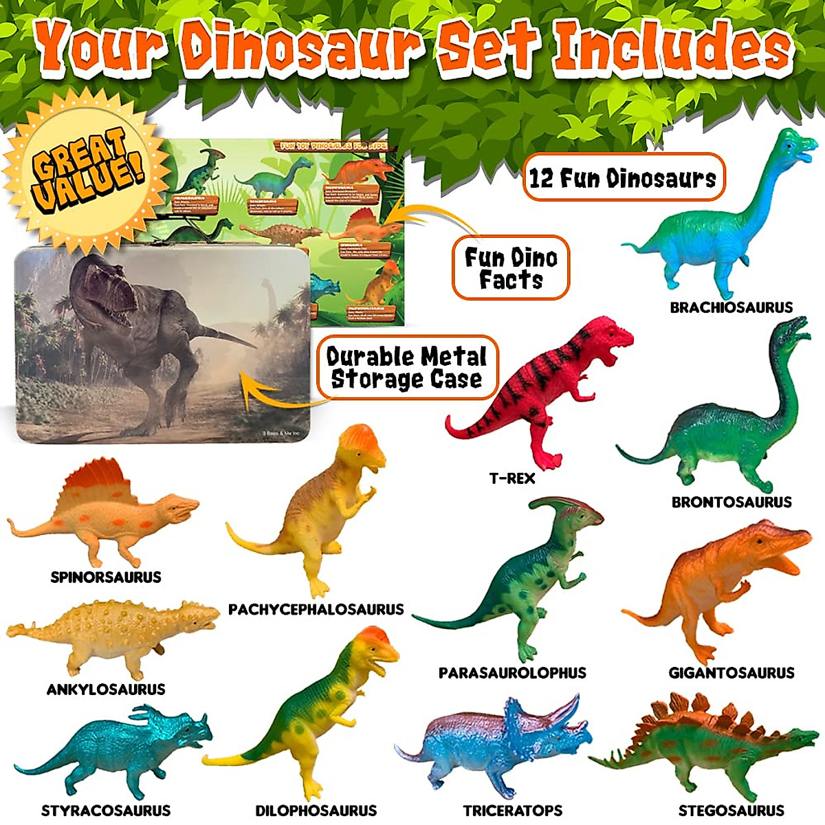 3 Bees & Me Dinosaur Toys for Kids 3-5, 5-7, 8-12 - 12 Large Dino Toy Figures with Storage Box Case - 6 inch Dinosaurs - Toy Dinosaur Gift Set for Boys and Girls for Imaginative Play