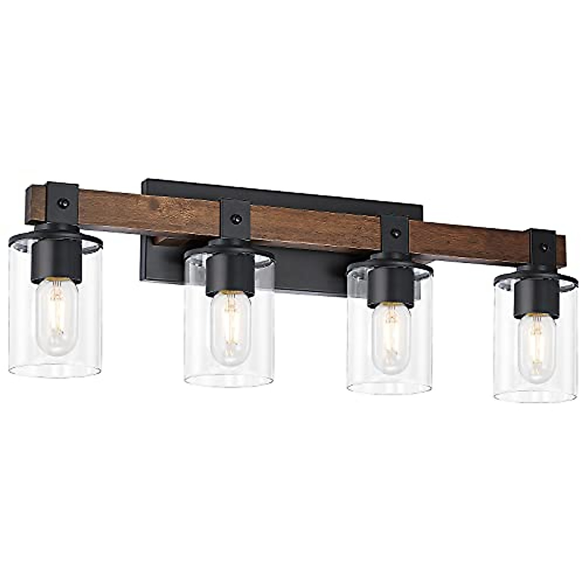 Farmhouse Rustic Bathroom Lighting Fixtures Over Mirror, Vintage Wood Vanity Lighting with Clear Glass, 4-Light Modern Industrial Wall Lamp for Bedroom,Living Room,Hallway