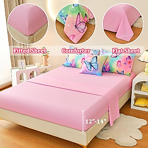 Tasselily Butterfly Bedding Set Full, Pink Butterfly Comforter Set for Girls Kids Teens 6 pcs Bed in a Bag Full Bedding Sets for Girls