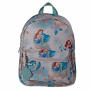 Disney Princess Mini Backpack with Allover Little Mermaid Print & Molded Shell Dangle, 10.5 Inches, Adjustable Straps, Faux Leather