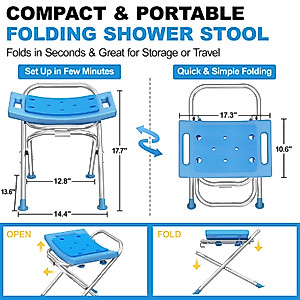 Medhelp Upgraded Folding Shower Chair, Stainless Steel Foldable Shower Seat for Inside Bathtub, Lightweight & Portable Travel Shower Stool, Anti-Slip Feet Bath Chairfor Elderly, Disabled, Injured