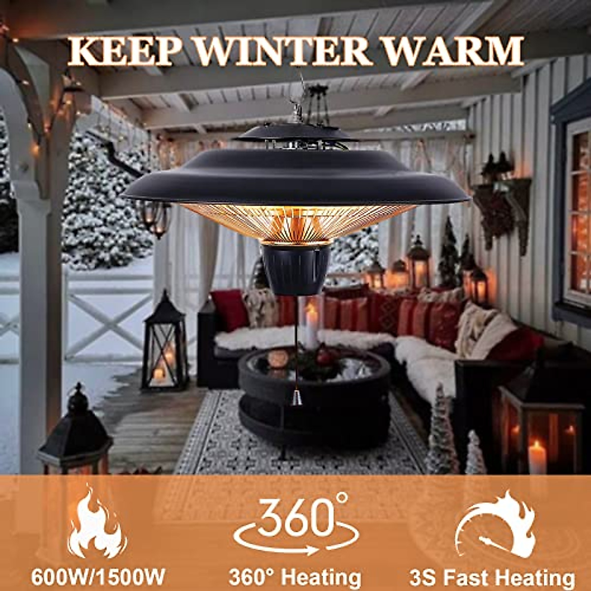 Outdoor Heaters for Patio Electric, 1500W Hanging Outdoor Patio Heater, Infrared Heater Outdoor with 2 Adjustable Mode, Outside Heater Porch Heater Garage Heater, IP34 Waterproof