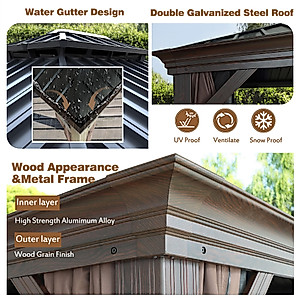 MUPATER 12' x 16' Gazebo, Wooden Finish Coated Aluminum Frame, with Double Galvanized Steel Hardtop Roof, Netting and Curtains for Garden, Patio, Lawn and Parties