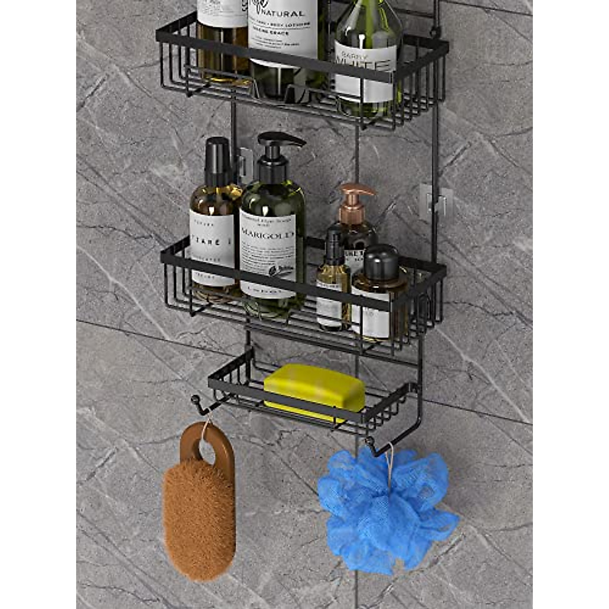Elbourn Shower Caddy Over Shower Head, Bathroom Hanging Shower Organizer with Hooks, SUS201 Stainless Steel Shower Storage Rack 3 Shelves for Shampoo, Soap and Razor - Black