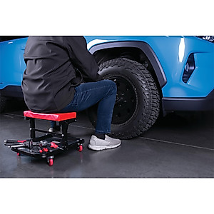 Performance Tool W85021 Folding C-Frame Creeper Rolling Work Seat with Tool Tray for Mechanic Garages and Workshops, Black/Red, 12.5-inch Height