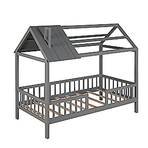 LostCat Kids House Bed,Twin Size Bed House Wood Montessori House Bed Frame with Fence and Rails, House Bed Kids Montessori Beds Playhouse Tent Bed, Wood Platform Bed Frame for s, White+Grey