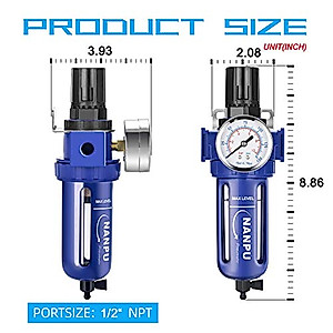 NANPU 1/2" NPT Compressed Air Filter Regulator, Zinc Alloy, 5 Micron Brass Element, 0-150 psi Gauge, Quick Release Bowl, Manual Drain, Metal Bracket