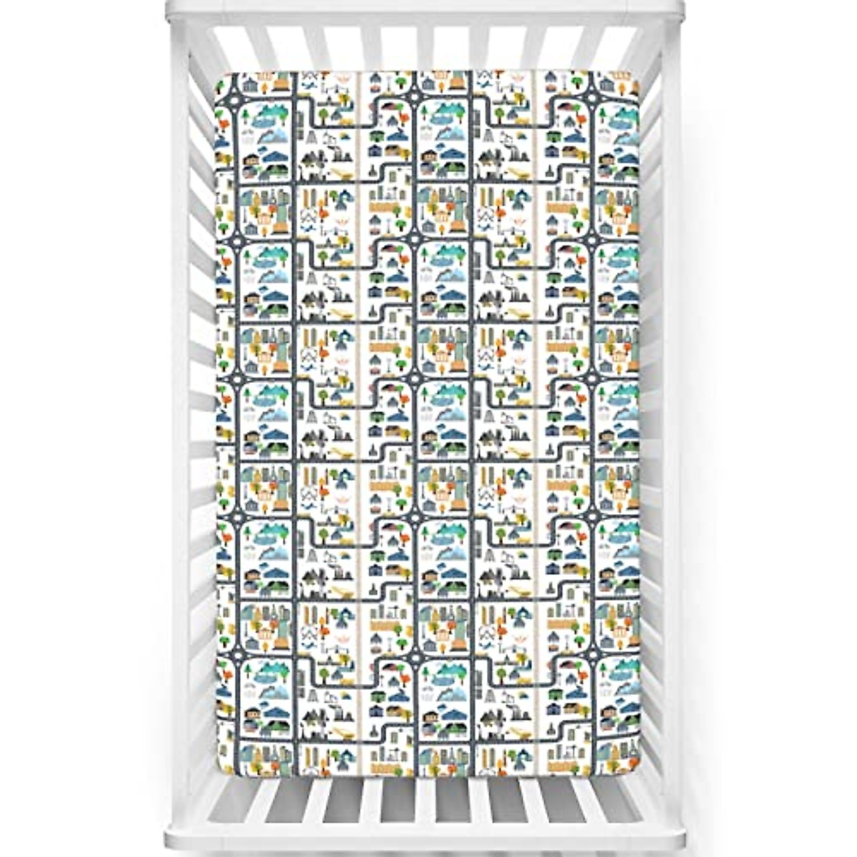 Car Race Track Themed Fitted Crib Sheet,Standard Crib Mattress Fitted Sheet Soft Toddler Mattress Sheet Fitted-Crib Mattress Sheet or Toddler Bed Sheet, 28“ x52“,Multicolor