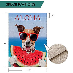 Uanvaha jack Russell dog Garden Flags for Outside 12.5X18 Double Sided ALOHA cute puppy on hammock beach eating watermelon Outdoor Banner Flag Burlap Yard Home Decorations