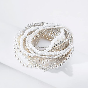 Fuqimanman2020 Boho Multilayer Crystal Beaded Stackable Stretch Bracelets Strand Elestic Simulated Pearl Bohemian for Women Boho Handmade Jewelry-White A