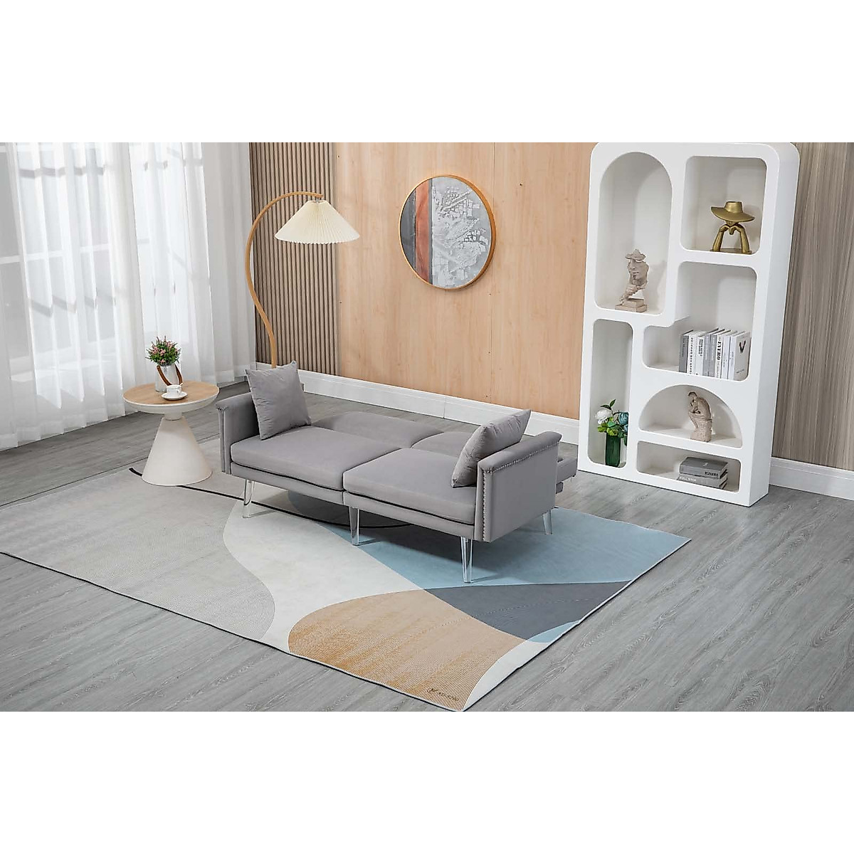 TMEOSK Convertible Futon Sleeper Sofa Bed with 2 Pillows and Armrest, Mid Century Modern Velvet Loveseat Adjustable Couch for Living Room Office Compact Small Space (Gray)