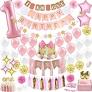 1st Birthday Girl Decorations WITH Birthday Crown- Baby First Birthday Decorations Girl - Pink and Gold Party Supplies - One Balloon, Heart and Confetti Balloons, Happy Birthday Banner ONE Cake Topper