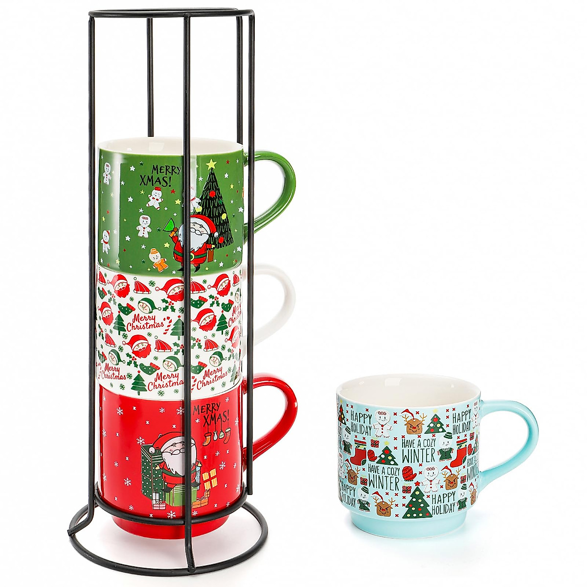 Elsjoy Set of 4 Christmas Stackable Coffee Mugs with Rack, 15 oz Christmas Coffee Mugs with Metal Stand Ceramic Mug Set, Xmas Holiday Cappuccino Cups for Cocoa, Latte, Americano