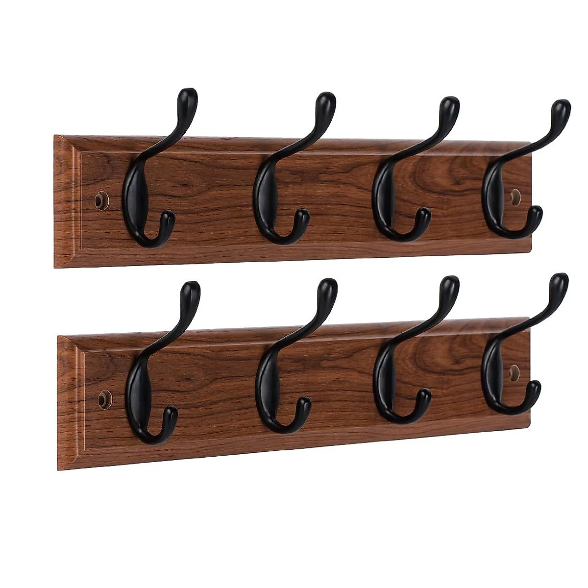 DOKEHOM [2 Pack 4-Black Hooks on Walnut Color Board Wall Mounted Coat Hook Rack Hanger
